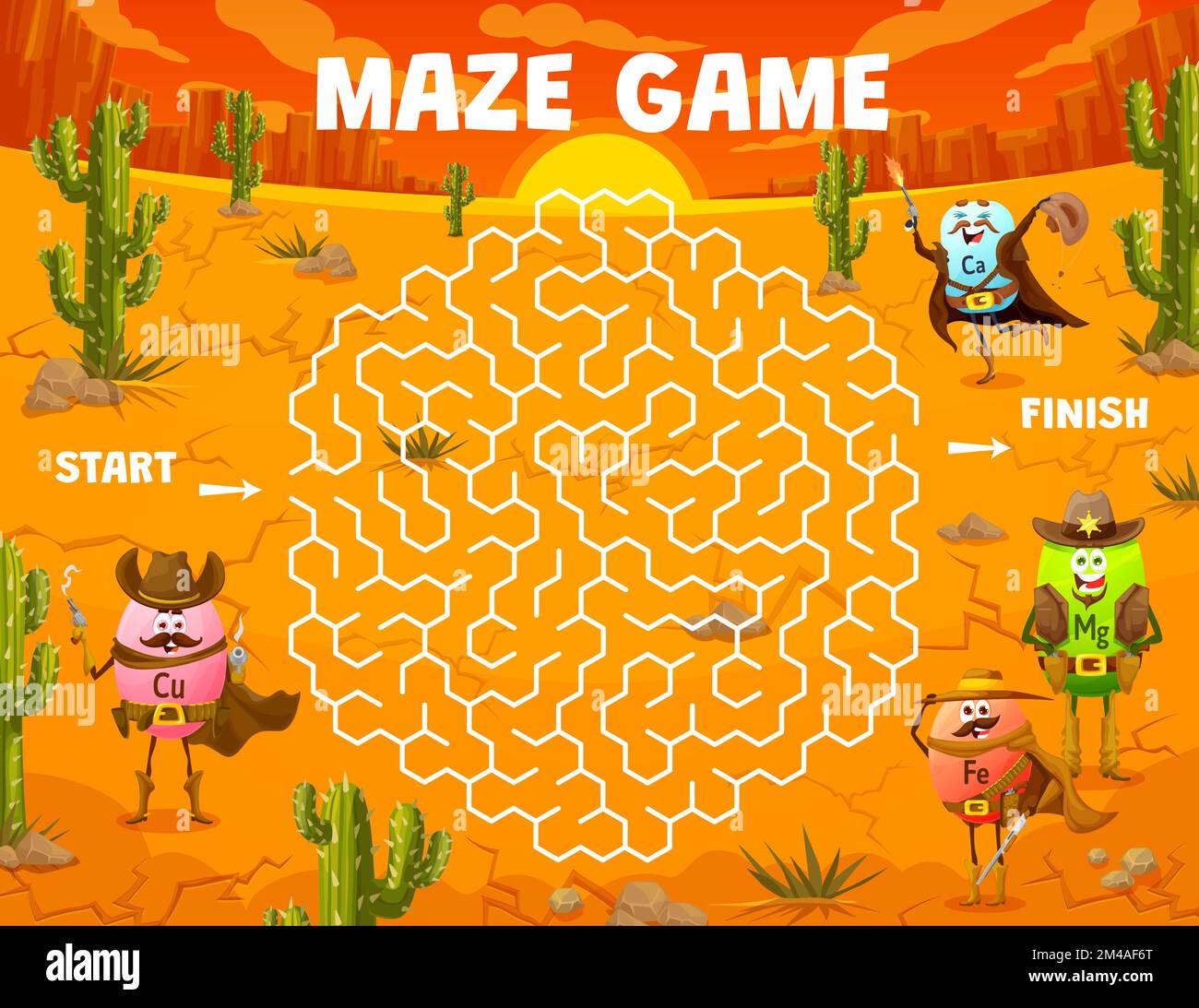 Labyrinth maze. Wild West cartoon cowboy, sheriff, bandit and robber ...