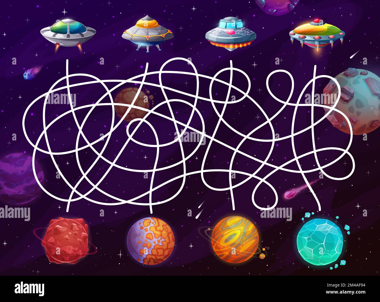 Labyrinth maze. Help to UFO find a space planet. Children labyrinth ...
