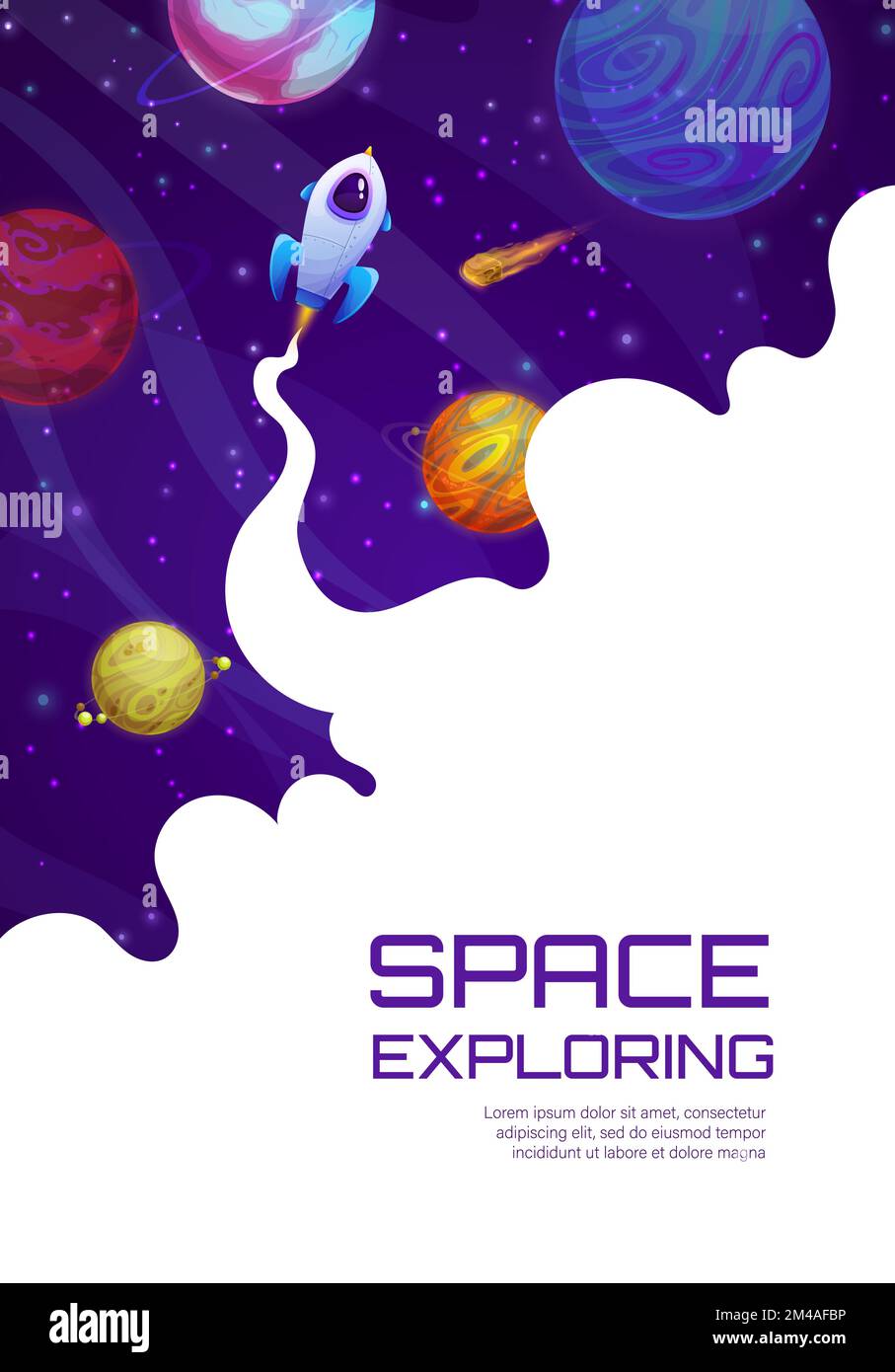 Landing page space. Flying space rocket, planets and comet. Business ...