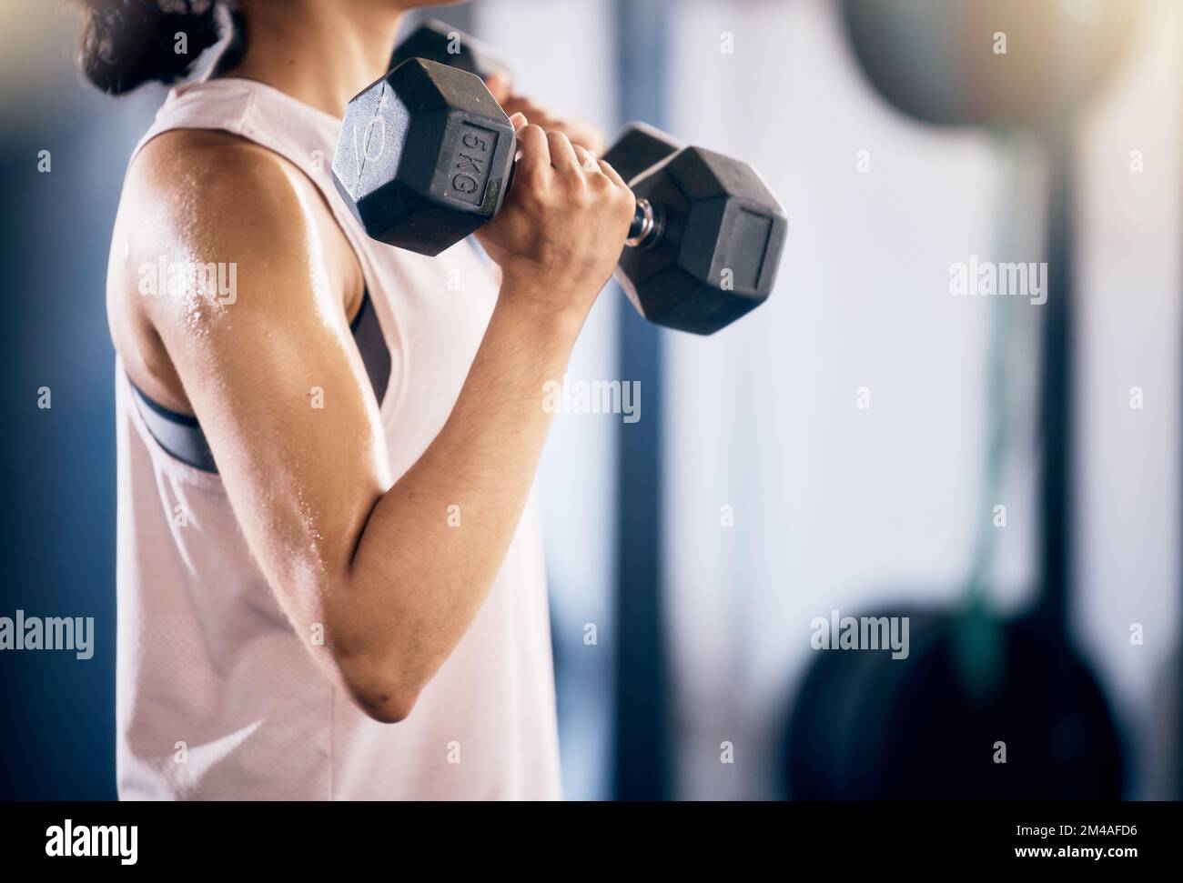 Woman, arms or dumbbell gym workout, training or exercise for strong ...