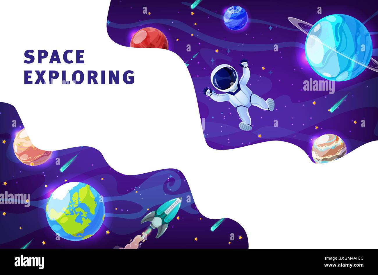 Space exploring cartoon astronaut in outer space, galaxy planets and ...