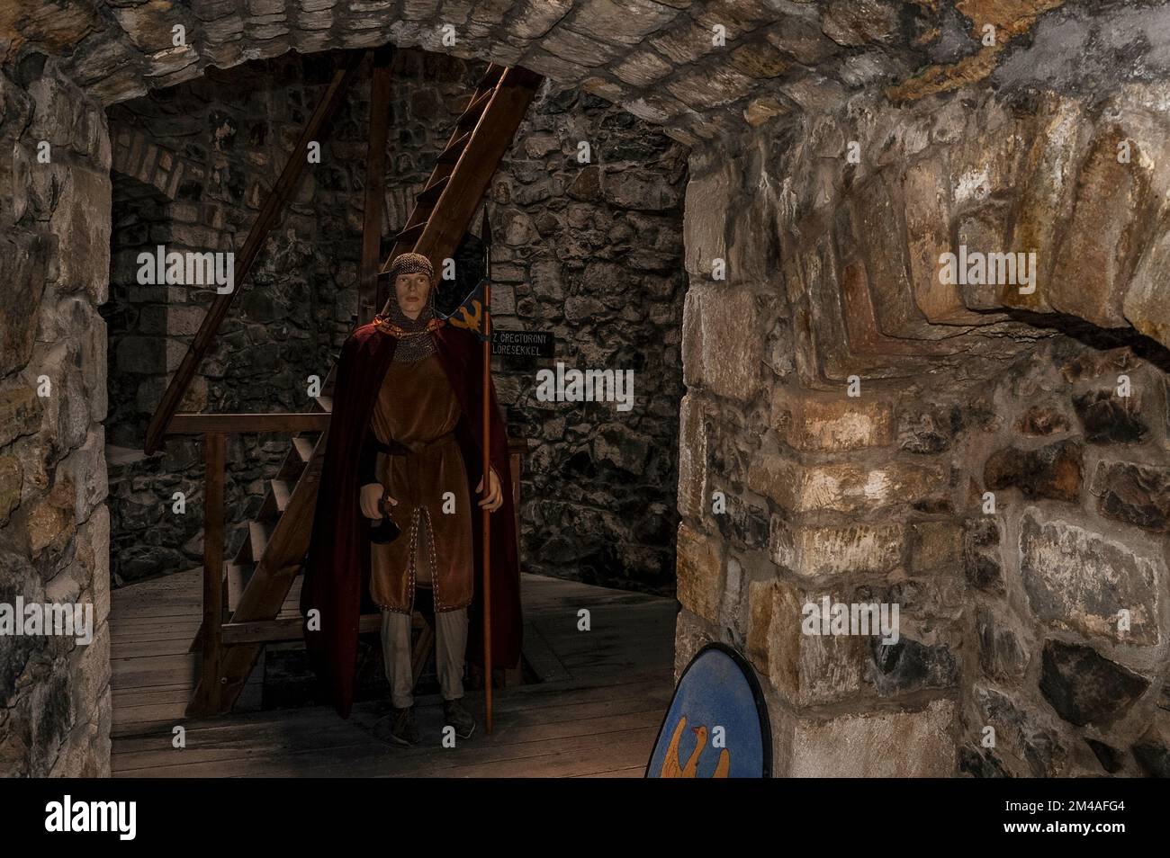 Medieval soldier armed with axe and spear stands guard in a staircase ...
