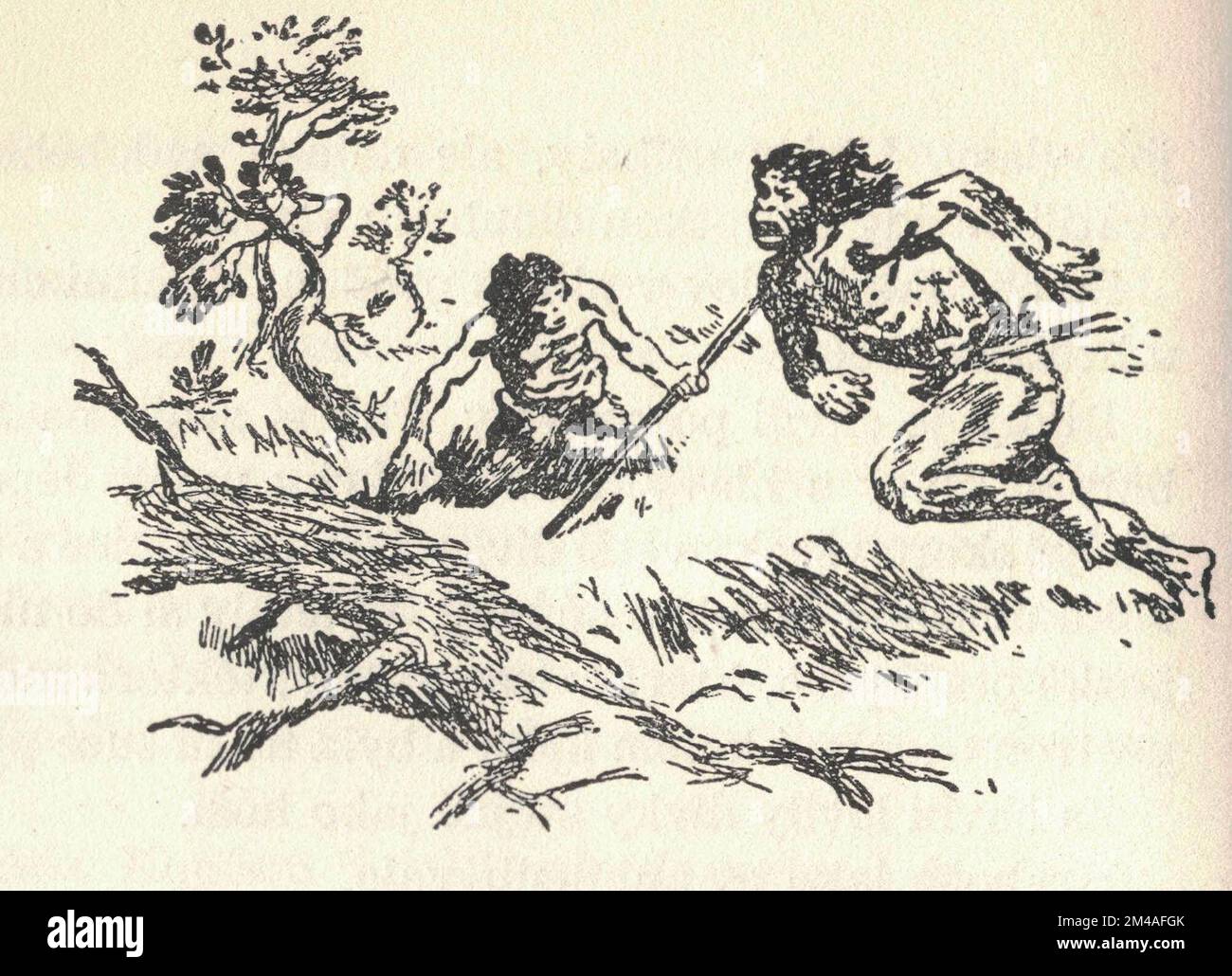 Prehistoric people on the hunt. Old black and white illustration ...