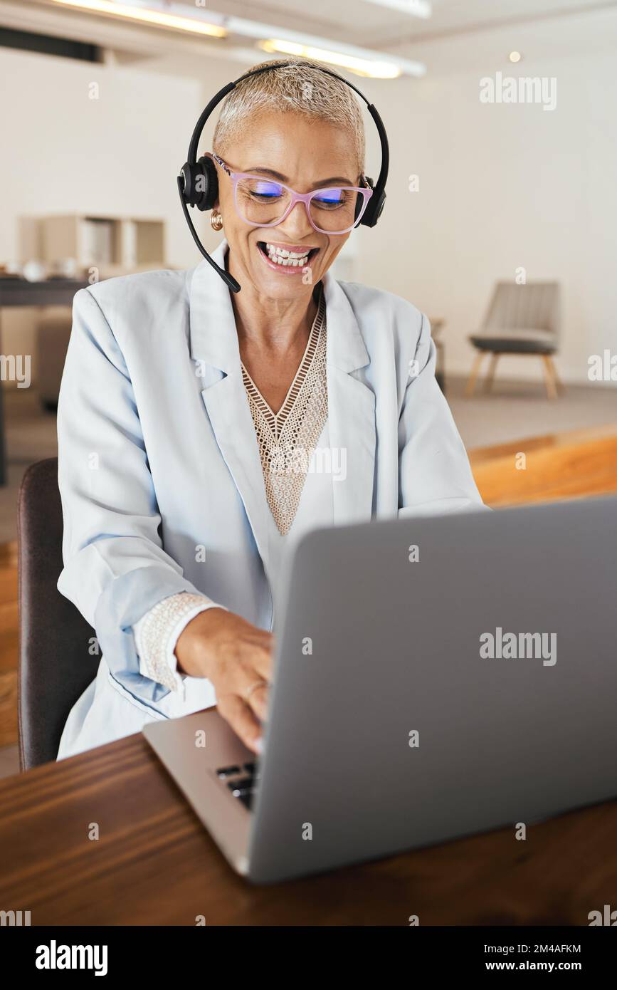 Consulting, laptop and microphone with business woman in office for ...