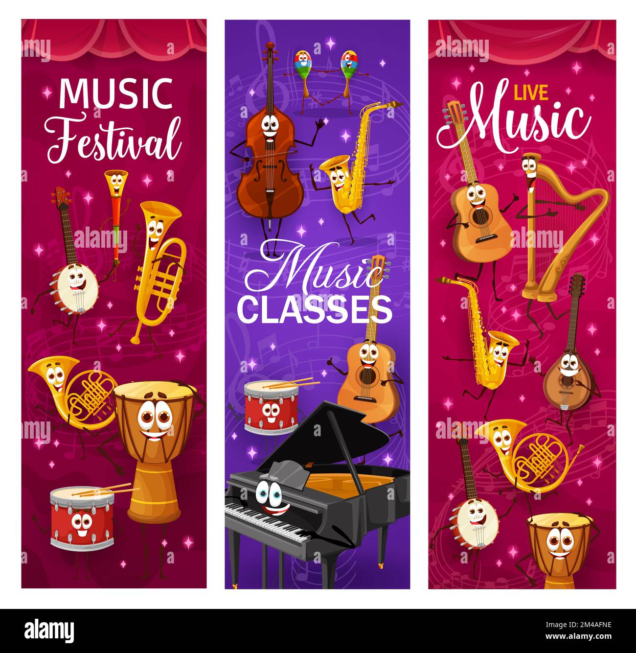 Cartoon musical instrument characters. Live music festival, party ...