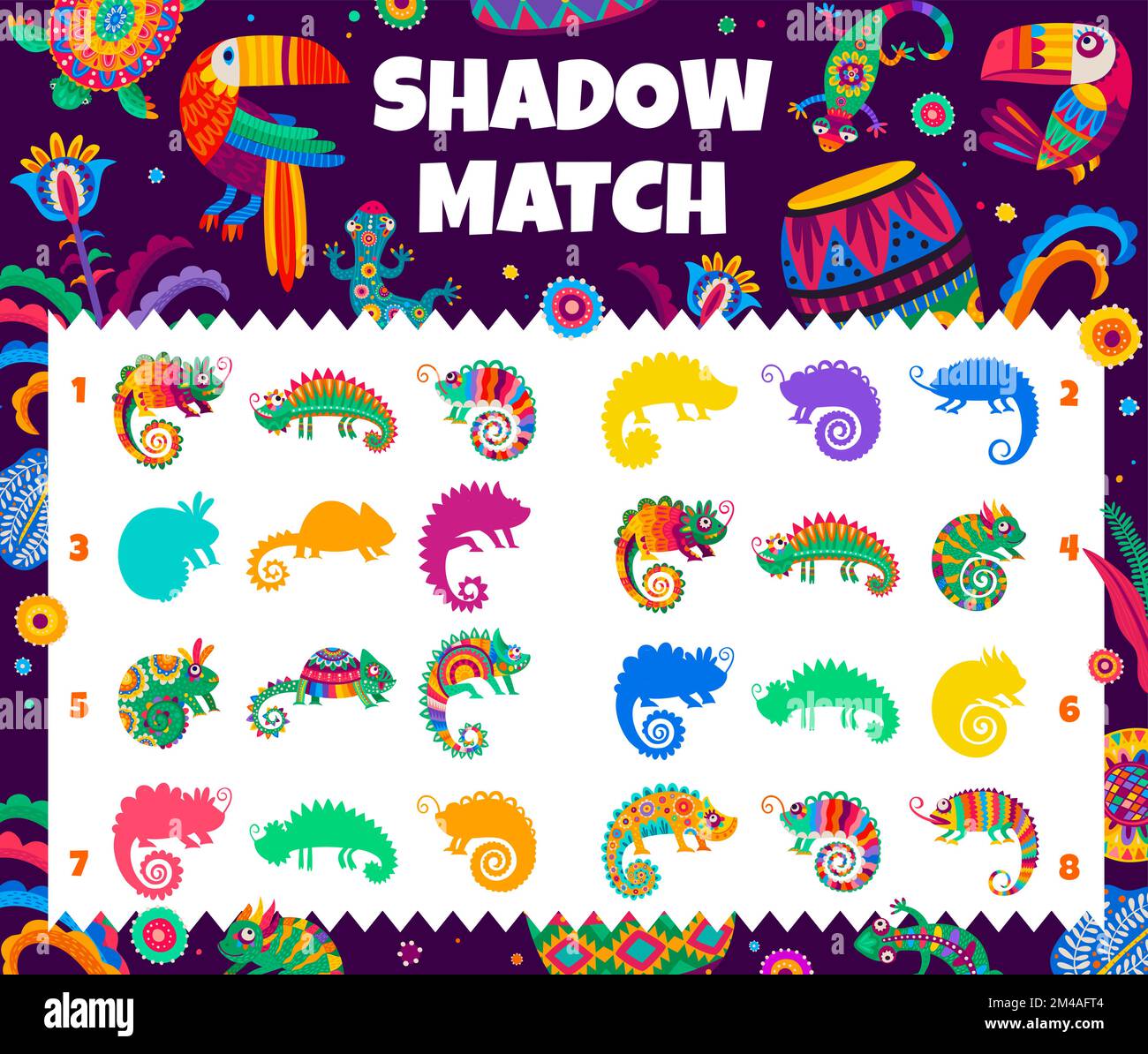 Shadow match game. Cartoon mexican chameleon lizards, Brazil or Mexican ...