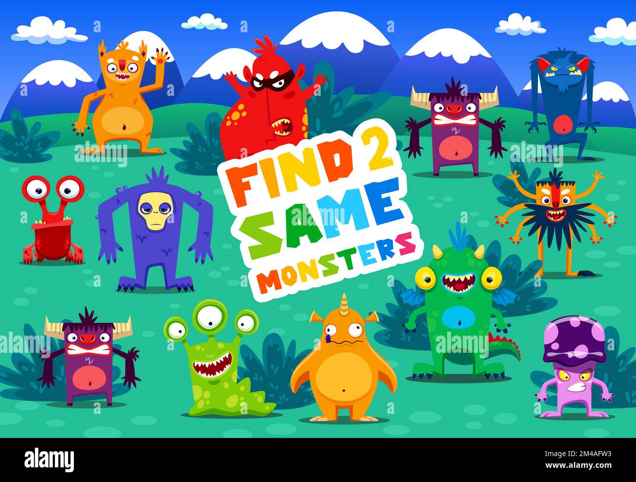 Find two same cartoon monster characters. Educational vector kids quiz ...