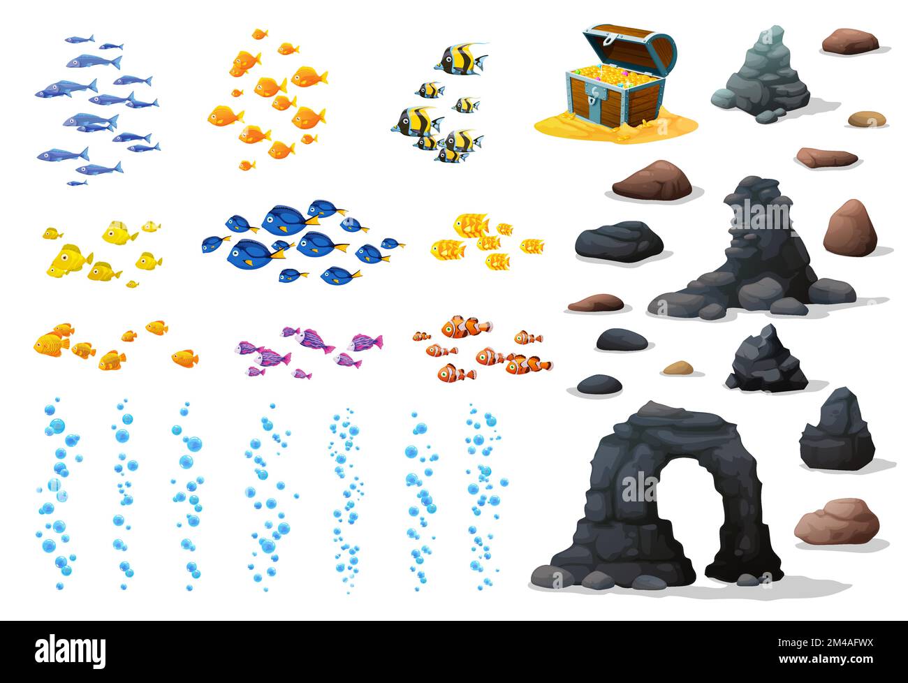 Underwater landscape game assets, fish shoal, stones and treasure chest ...