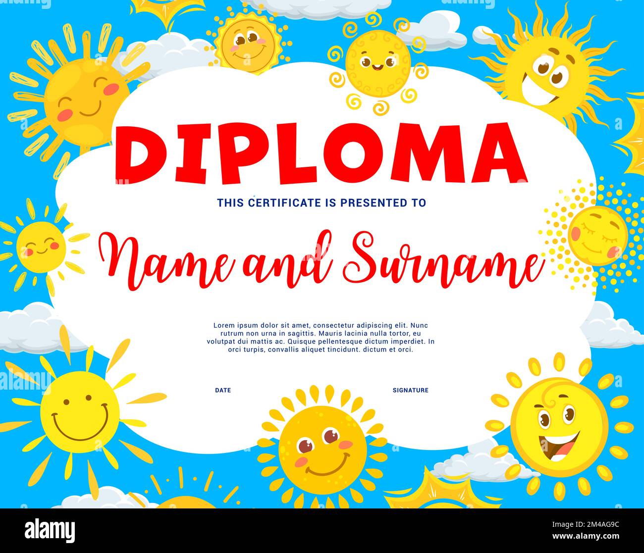 Kids diploma. Cartoon sun characters. Children graduation certificate ...