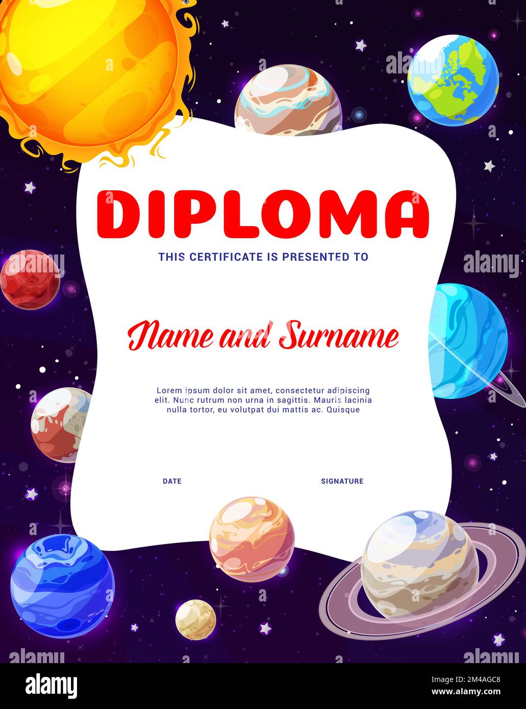Kids diploma. Cartoon solar system and space planets. Child competition ...
