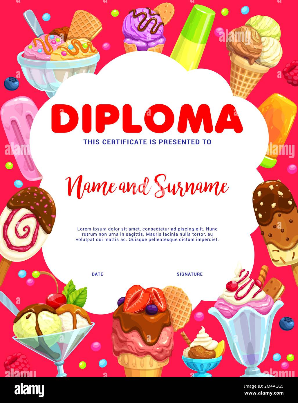 Kids diploma. Cartoon ice cream. School achievement award, appreciation ...