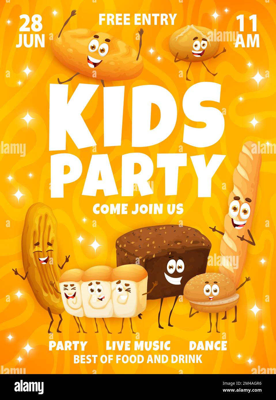 Kids part flyer. Cartoon bakery, pastry and bread characters. Promotion ...
