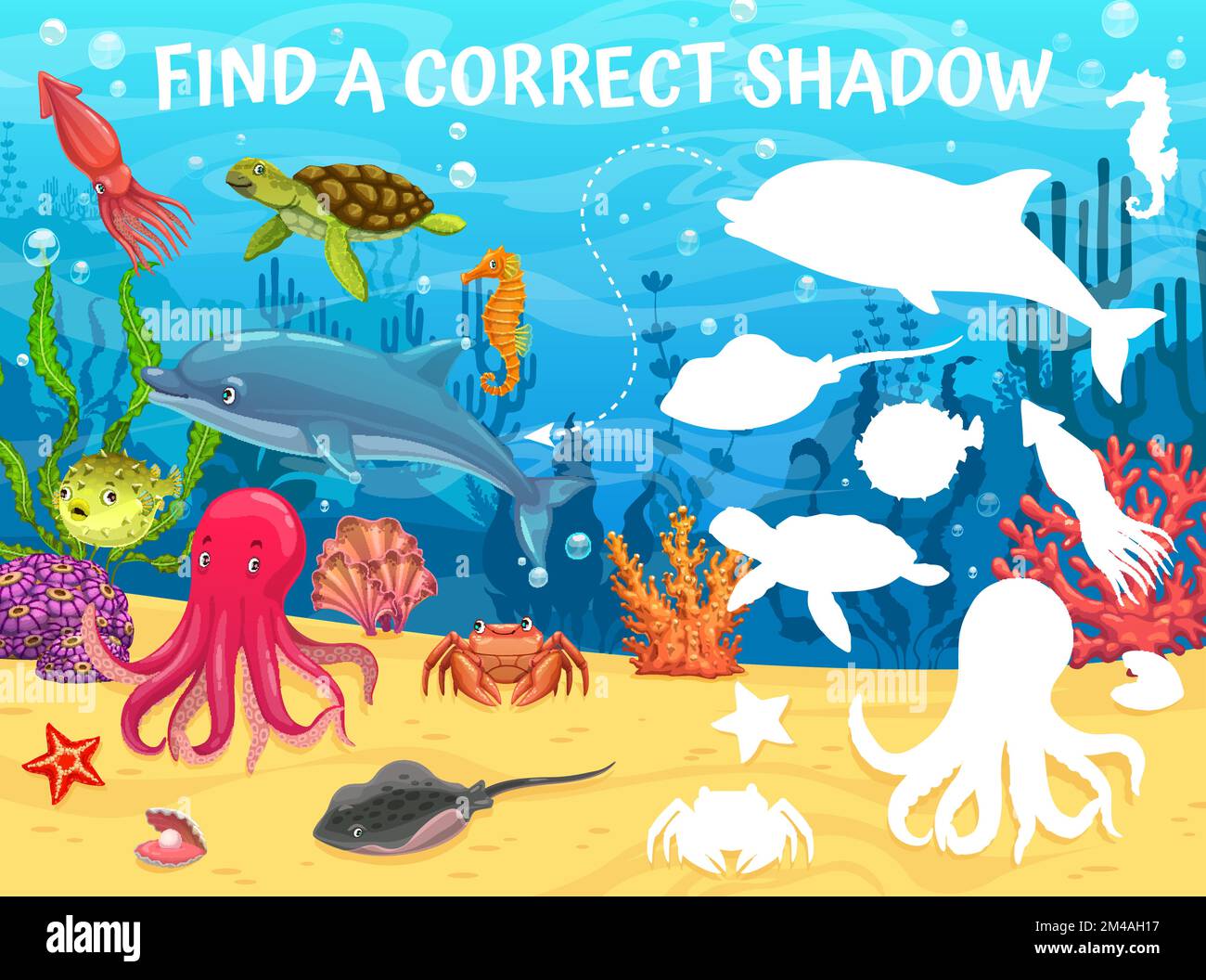 Find a correct shadow cartoon underwater landscape and animals. Kids ...