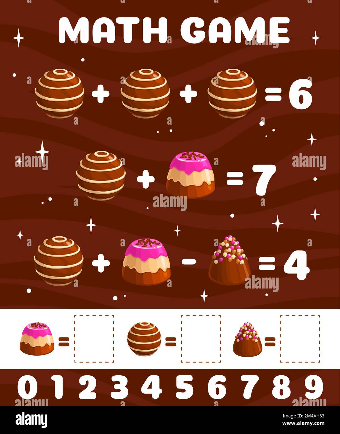 Cartoon chocolate candies. Math game worksheet. Kids mathematical ...