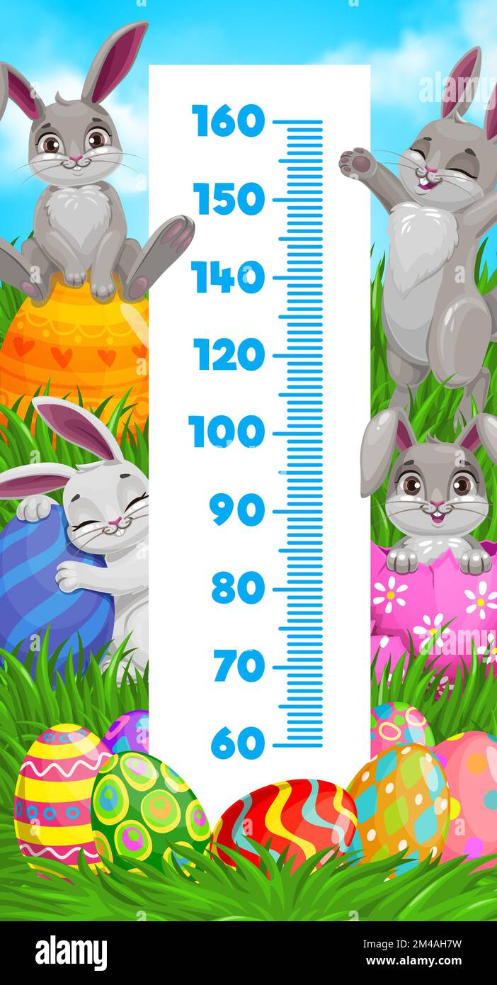 Kids height chart with Easter bunnies and eggs, vector cartoon growth ...