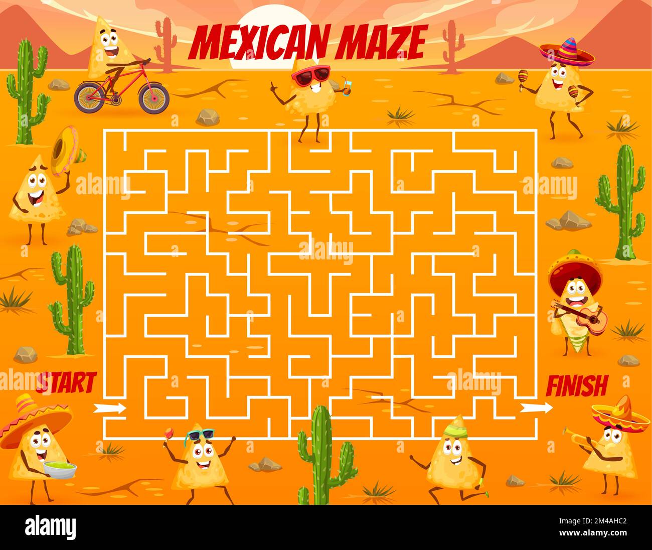 Labyrinth maze game. Mexican nacho chips characters. Kids puzzle vector ...