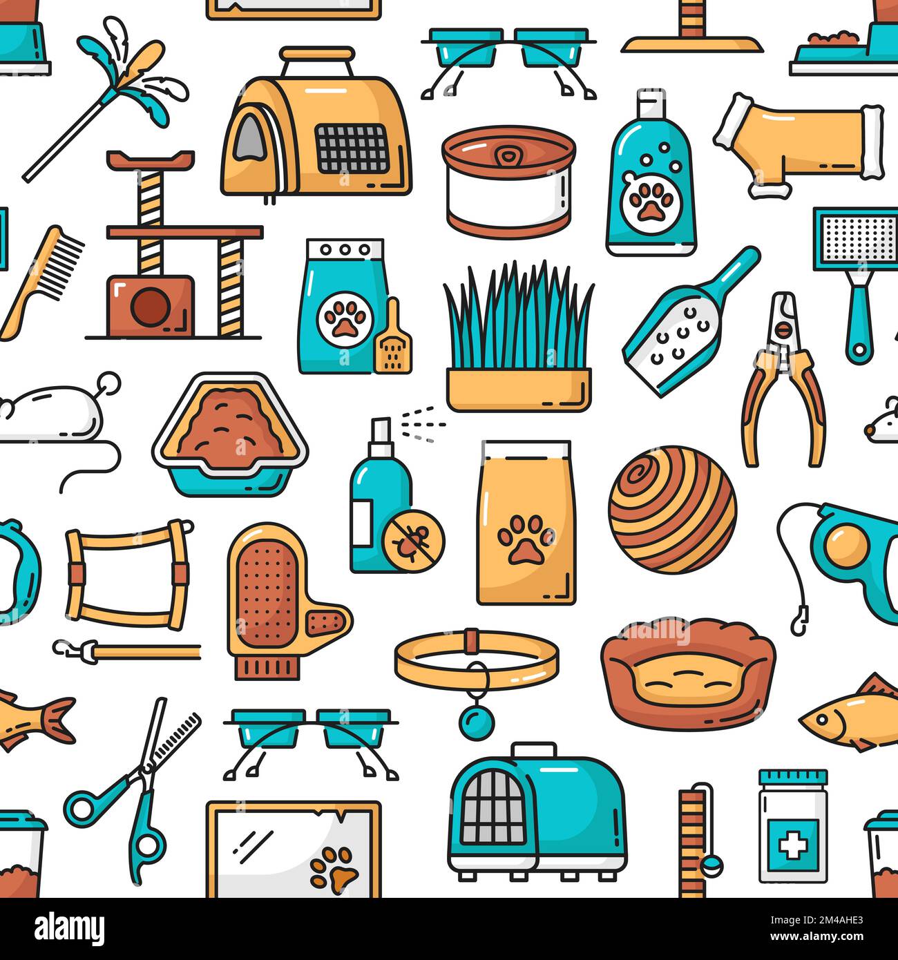 Cat and kitten pet care vector seamless pattern of grooming, veterinary ...