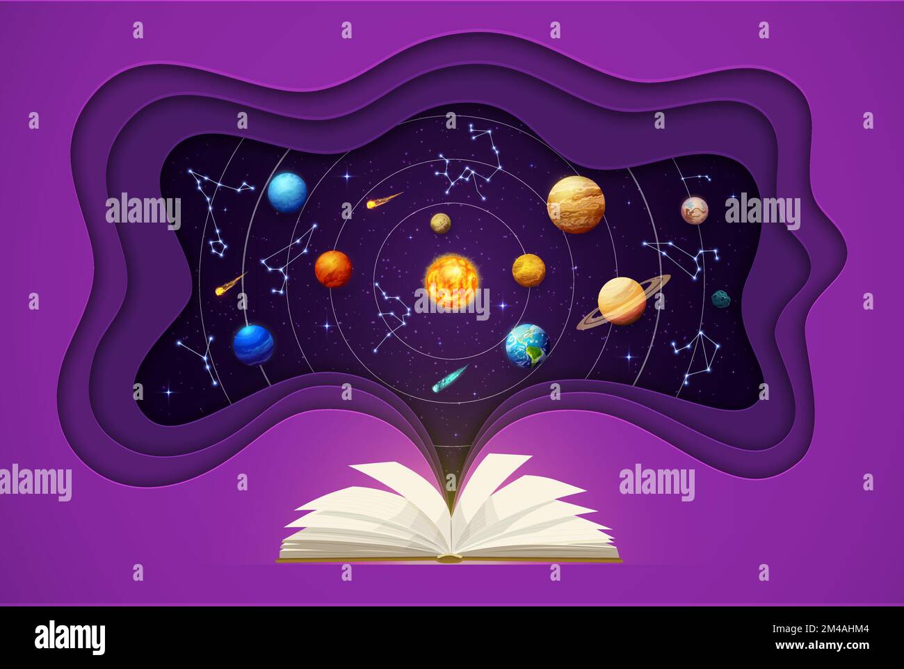 Space paper cut with book, solar system planets and constellations ...