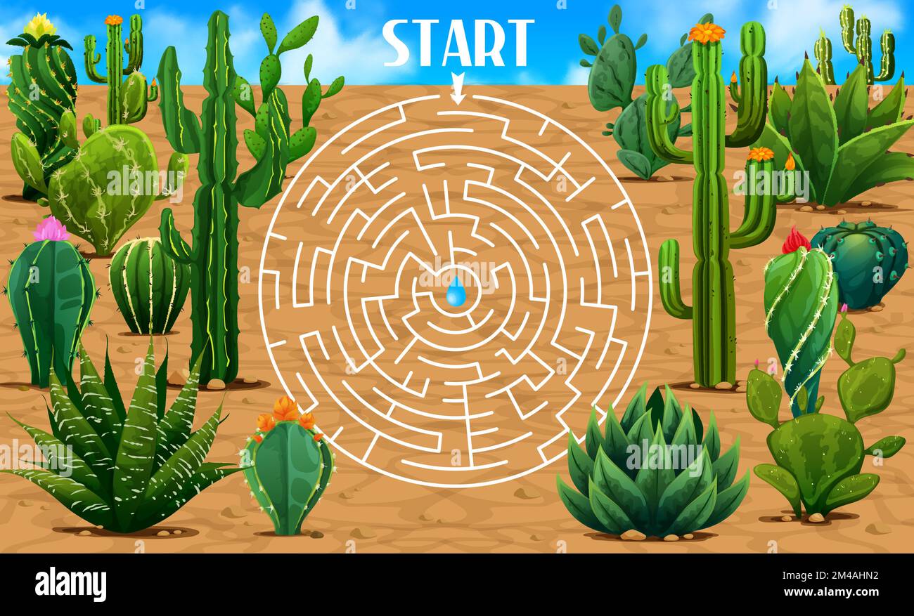 Round labyrinth maze mexican prickly cactus succulents. Kids vector ...