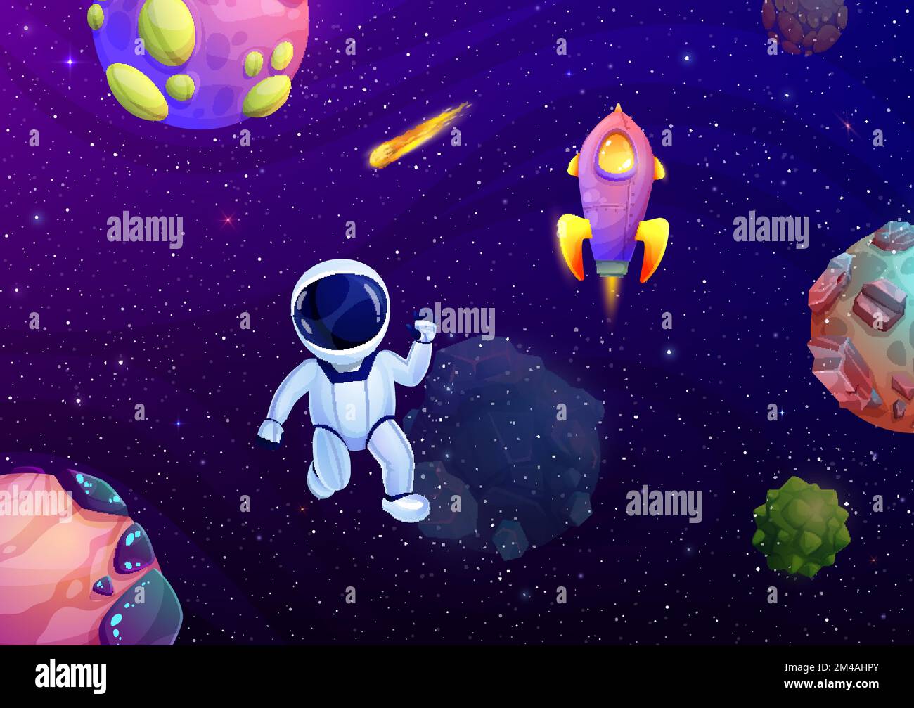 Cartoon astronaut in outer space. Fantastic alien planets backdrop or ...