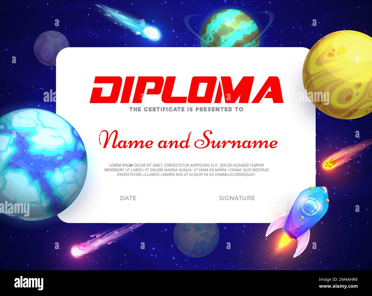 Kids diploma. Cartoon starry galaxy, space planets and rocket. Elementary school children ...
