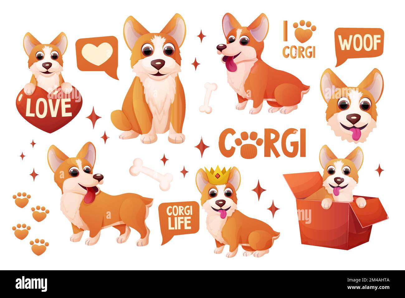 Set corgi dog stickers with crown, sitting, adorable pet, activities in ...