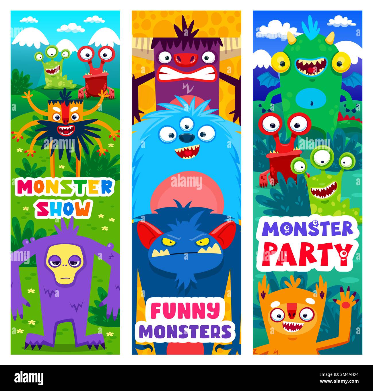Cartoon monster characters. Vector banners, invitation for kids party ...