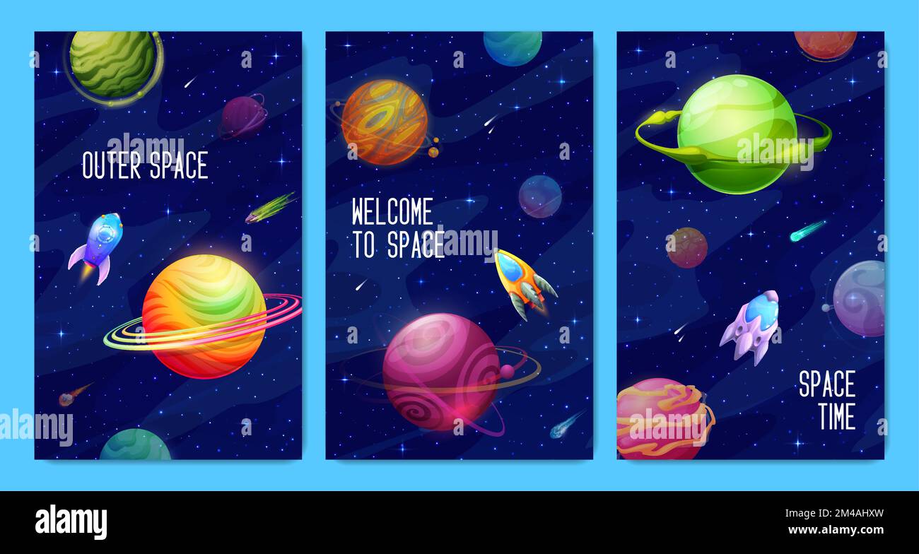 Space posters with galaxy landscape. Fantasy cosmic expedition and ...