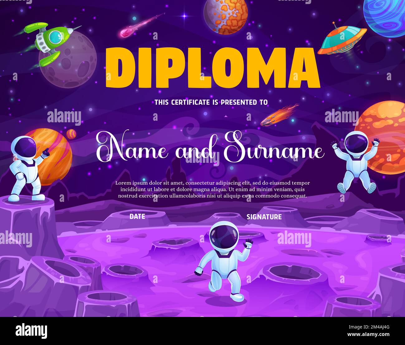Kids diploma cartoon astronaut on space planet surface. Educational ...