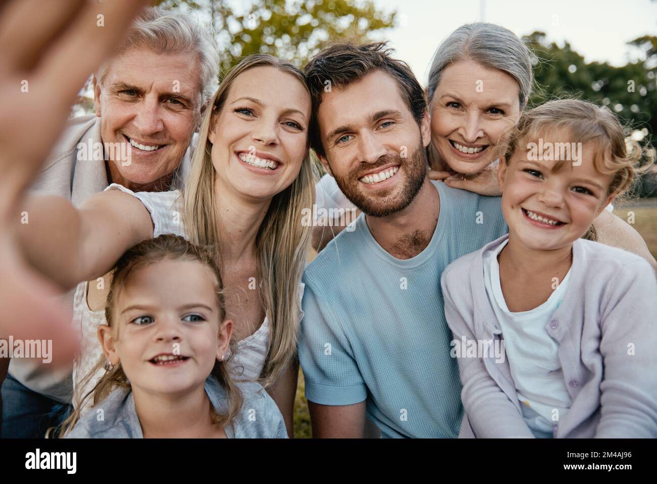 Big family, portrait smile and selfie for happy quality bonding ...