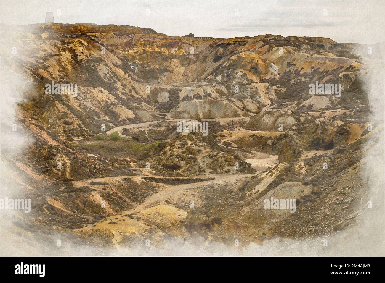 A digital watercolor painting of the orange and brown landscape of the ...