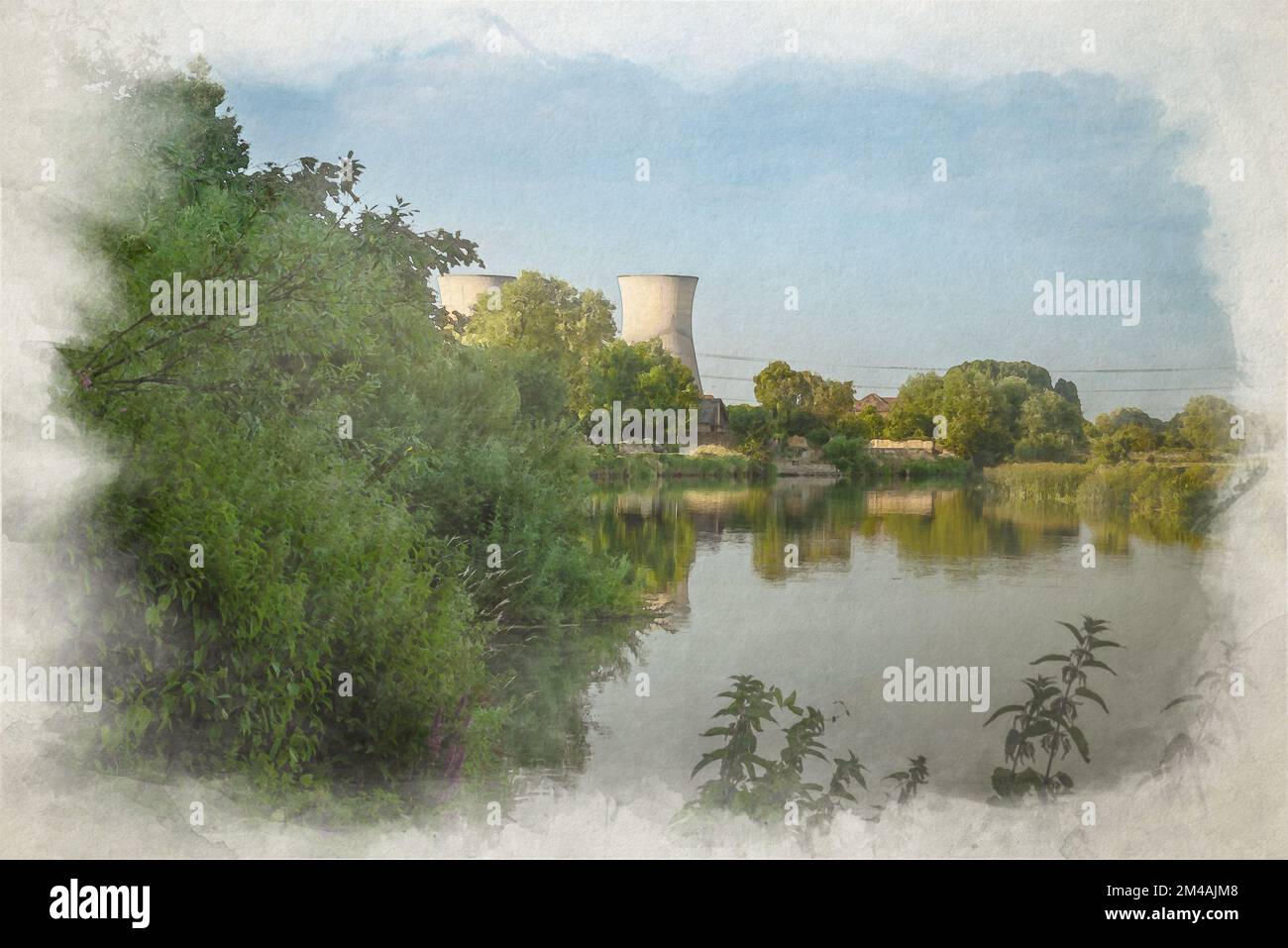 Willington power station cooling towers digital watercolor painting ...