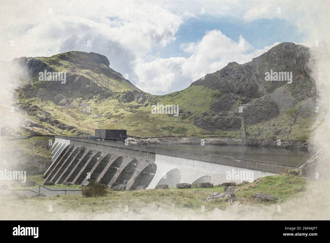 Snowdonia digital watercolor painting of Stwlan Dam and the Moelwyn mountains, Blaenau ...