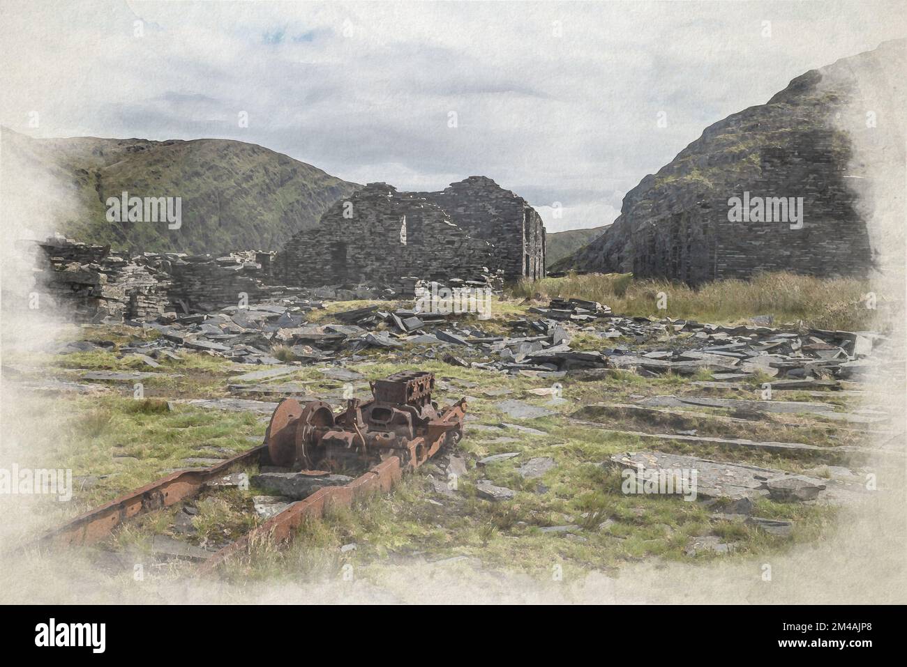 Digital watercolor painting of the abandoned Cwmorthin Slate Quarry at ...