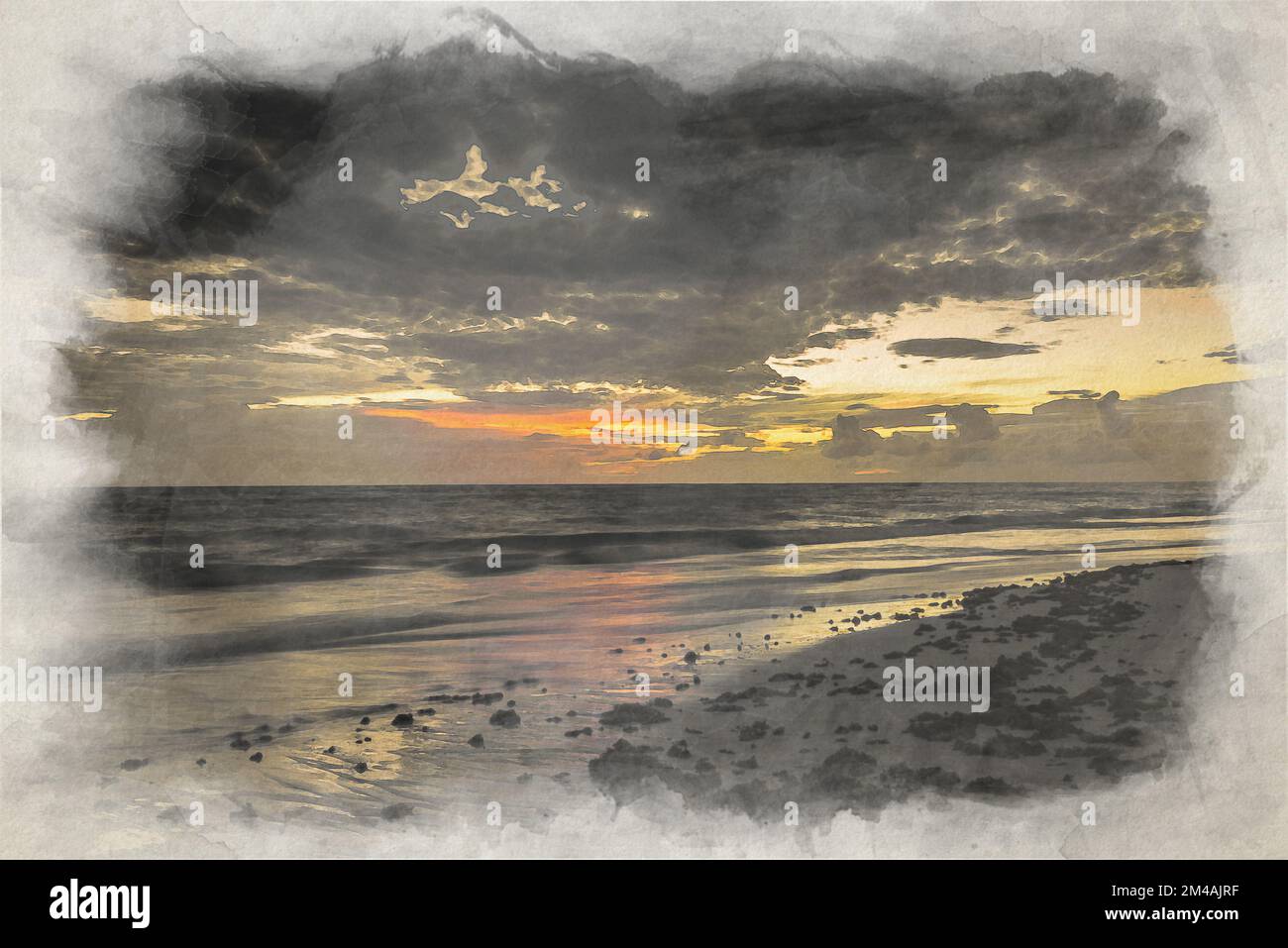 A digital watercolor painting of the sea at blue hour, as dawn starts ...