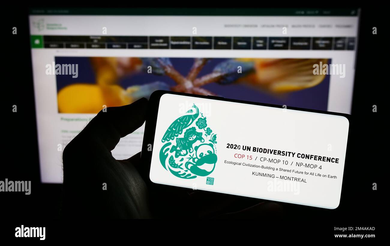 Person holding cellphone with logo of biodiversity conference CBD COP ...