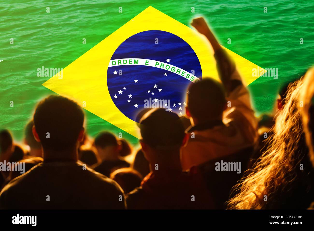 Defocus Brazil football team. supporters on stadium. Brazil flag and ...