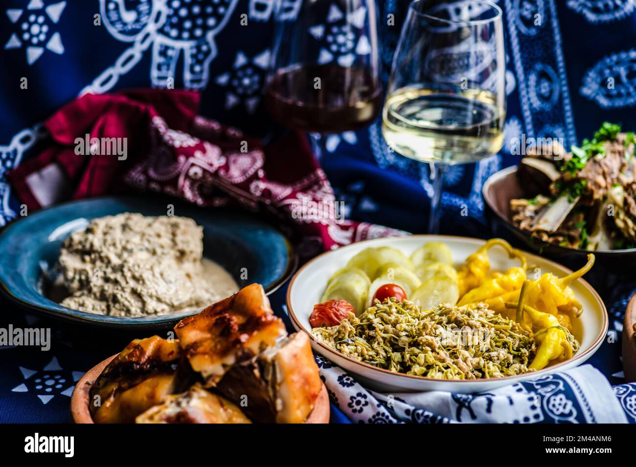 Traditional Georgian dishes on the Supra tablecloth Stock Photo - Alamy