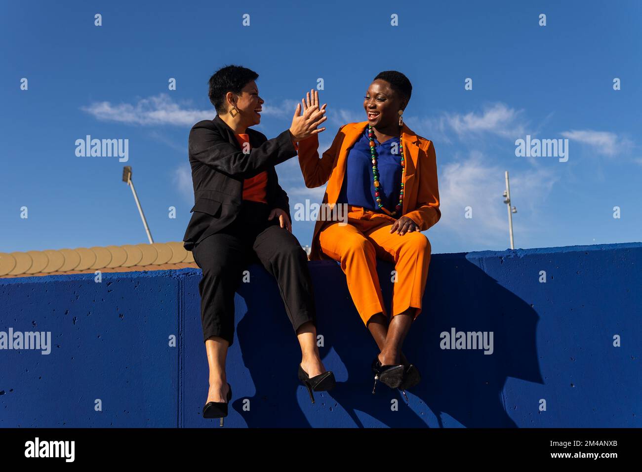 From below full body of positive adult diverse women in stylish suits ...