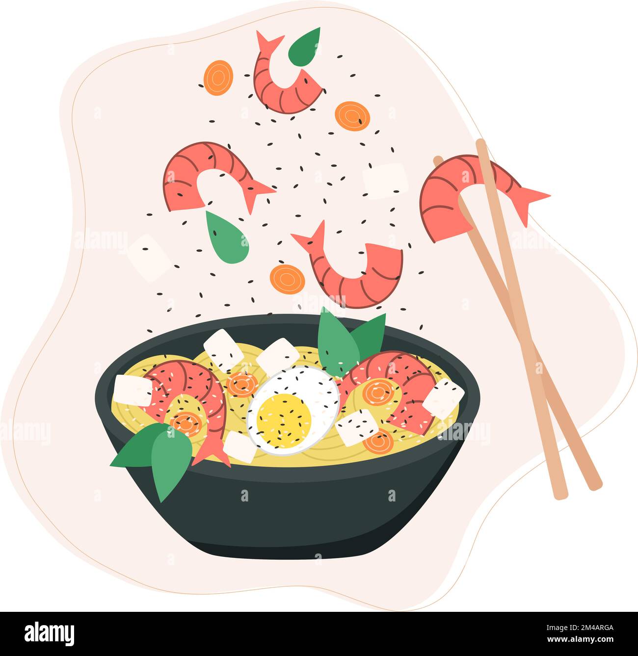 Egg udon noodles with seafood vector illustration. Asia food Stock ...