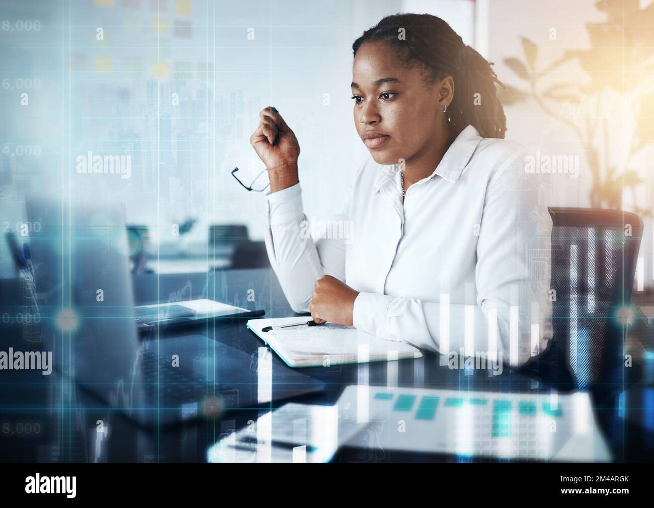 Business, data and black woman in office with overlay, digital ...