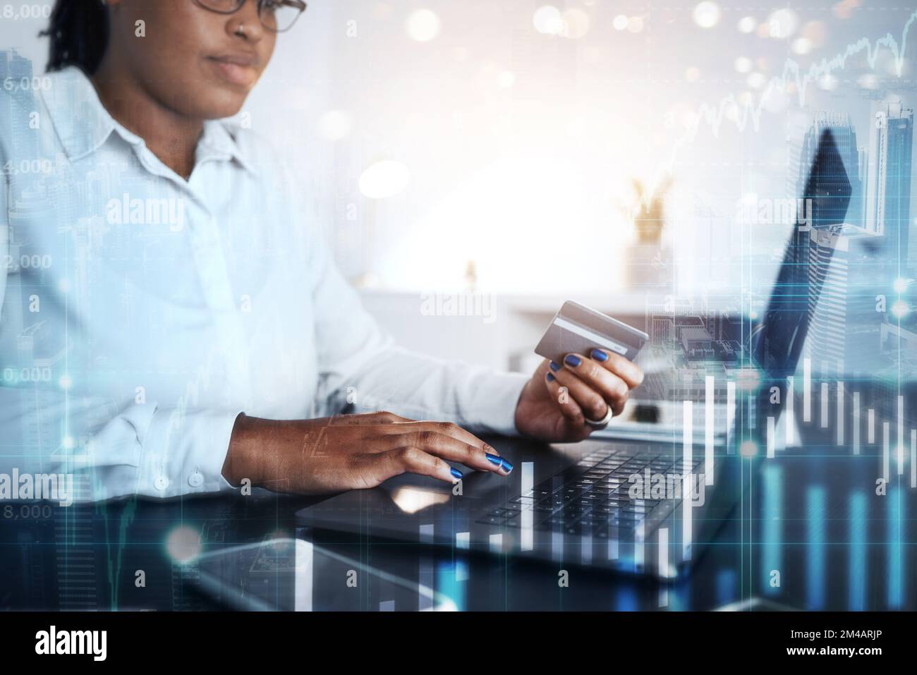 Laptop, credit card or black woman trading on stock market or forex for ...