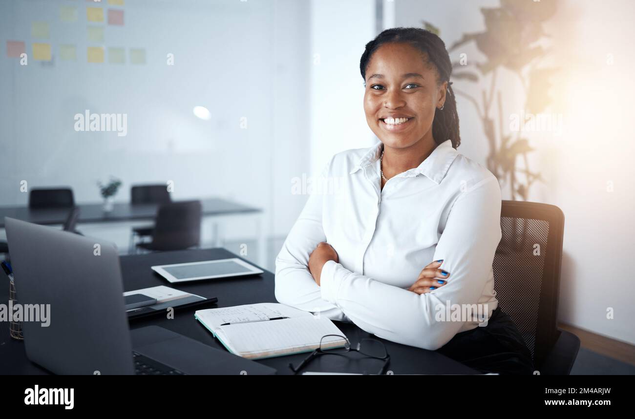 Leadership, ceo and black woman with arms crossed in office ready for ...