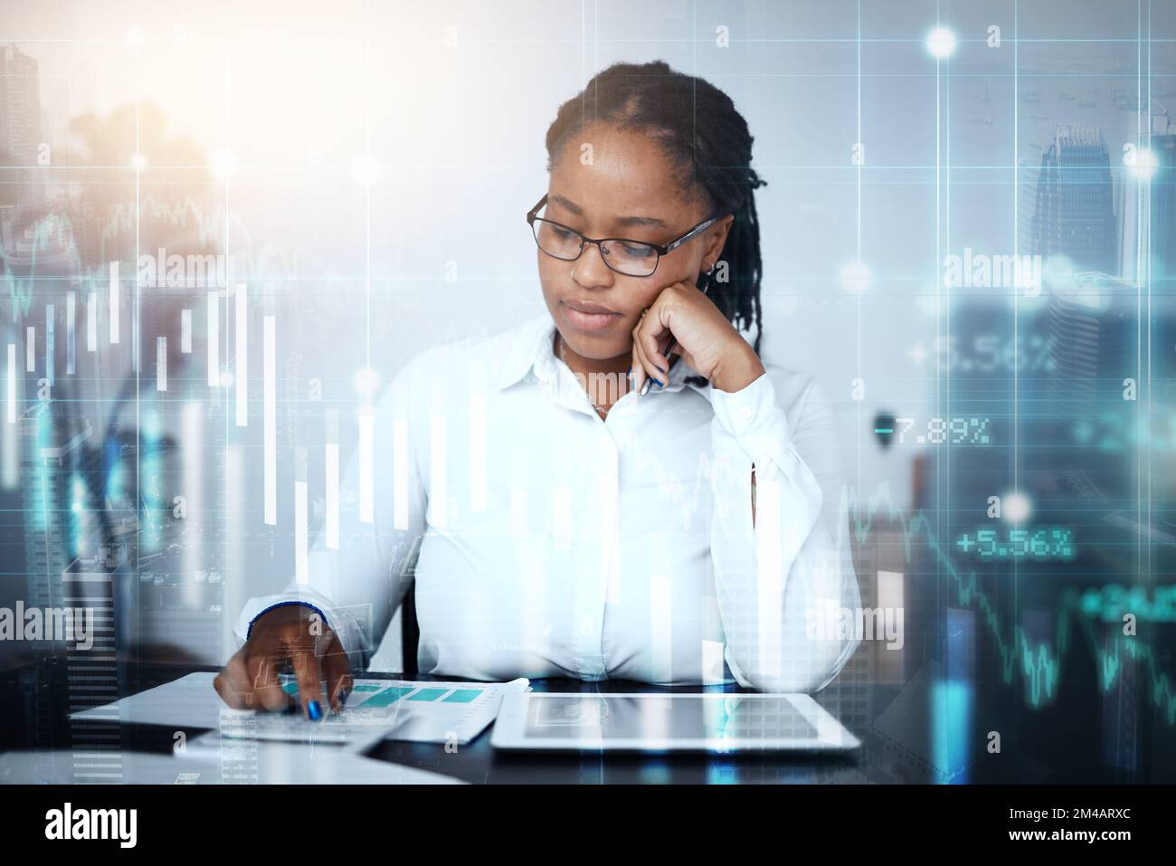 Hologram, black woman and tablet for finance, futuristic trading and ...