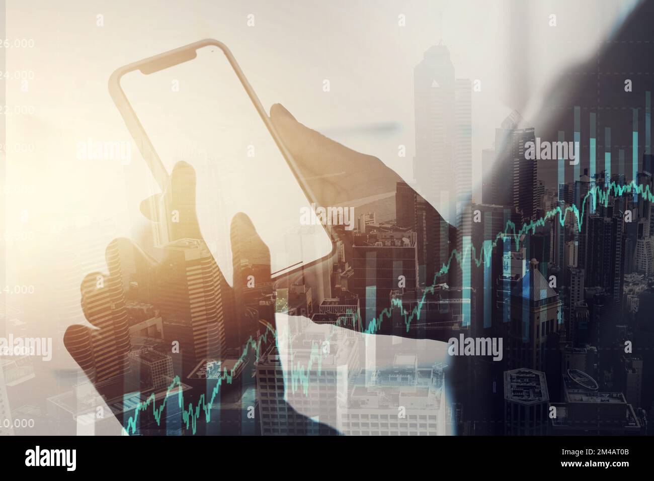 Phone, finance digital overlay and hands typing, social media or ...