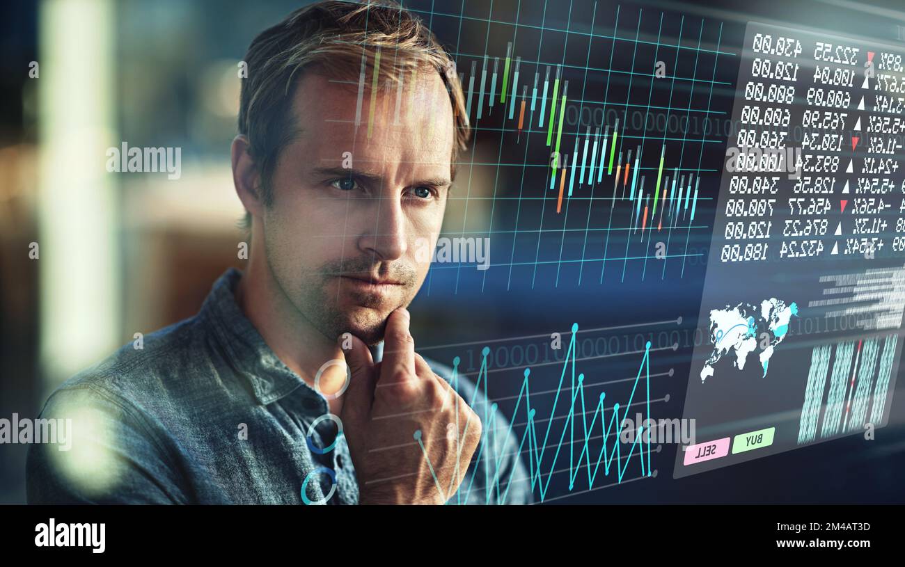 Financial overlay, trading and man analyzing charts for cryptocurrency or forex data on a ...