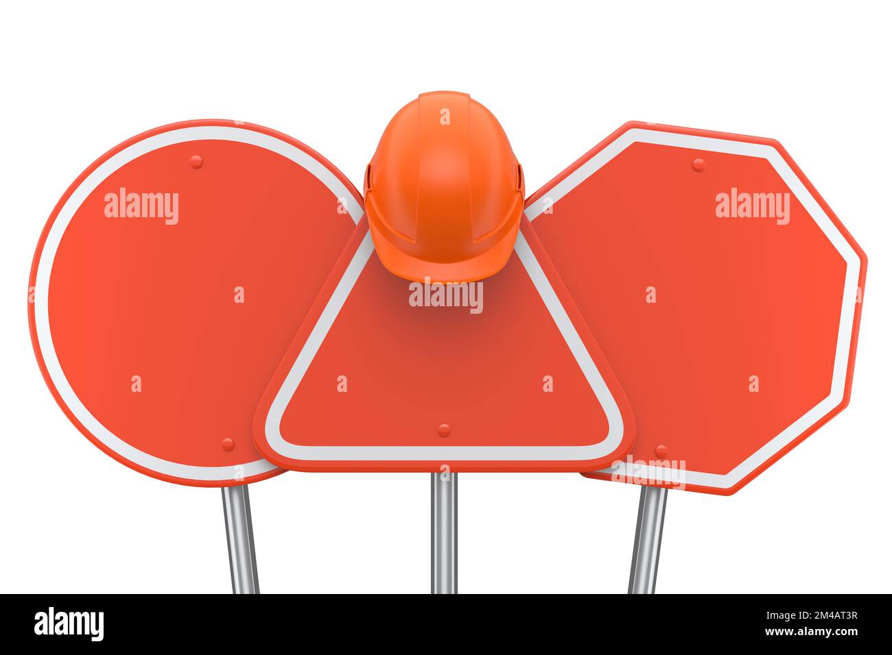 Set of safety helmet or hard hat on road traffic signs on pole isolated ...