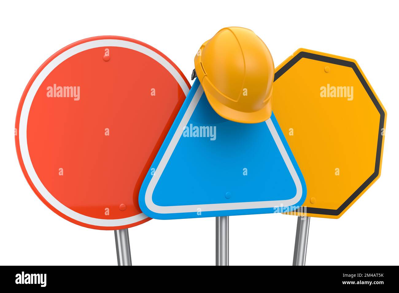 Set of safety helmet or hard hat on road traffic signs on pole isolated ...