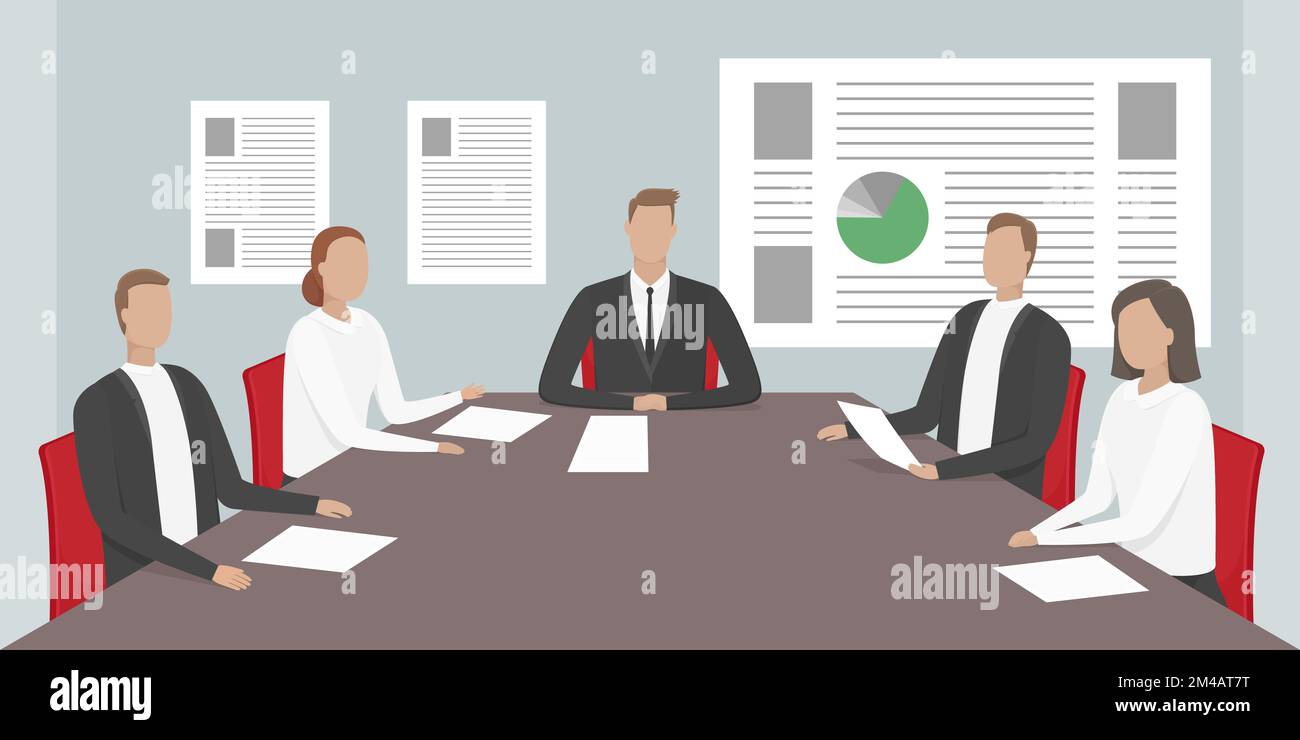Directors sitting at table in board room. Vector illustration Stock ...