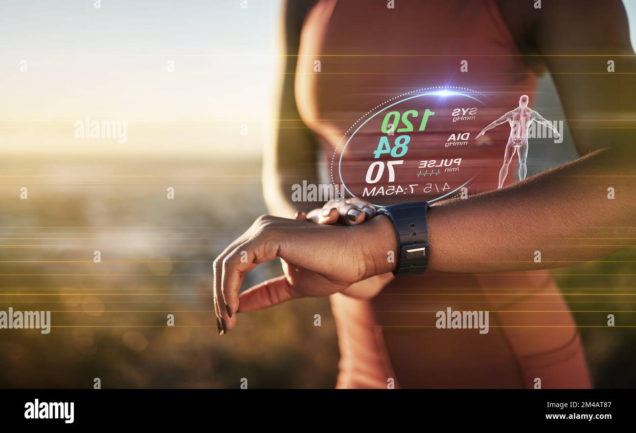 Runner, smartwatch hologram and woman hands for fitness, exercise and ...